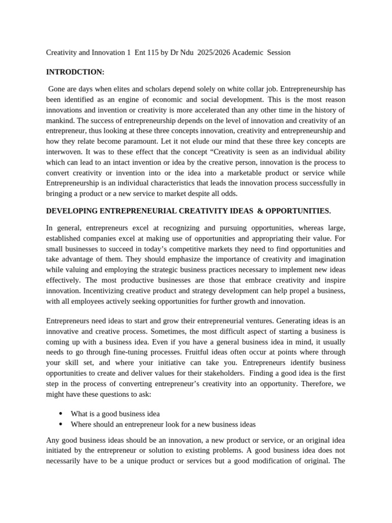 Creativity and Innovation NOTE For 2026 | PDF | Entrepreneurship ...