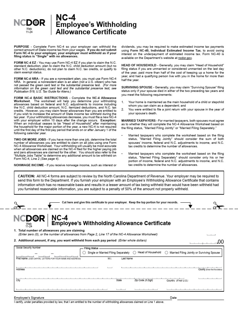 Withholding Allowance Certificate Form NC-4 | PDF | Tax Deduction ...
