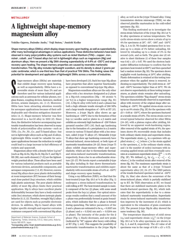 A Lightweight Shape-memorymagnesium Alloy | PDF | Shape Memory Alloy ...