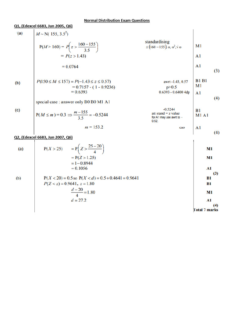 Y2 Stats Normal Distribution Exam Questions Ms | PDF