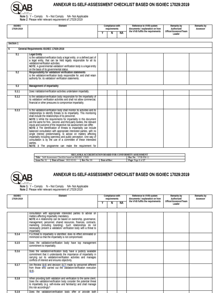Self Assessment Checklist Based On Isoiec 17029 | PDF | Verification ...