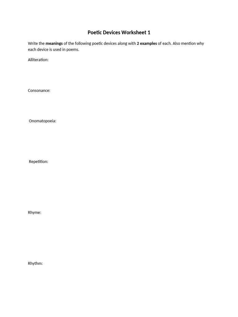 Poetic Devices Worksheet 1 | PDF
