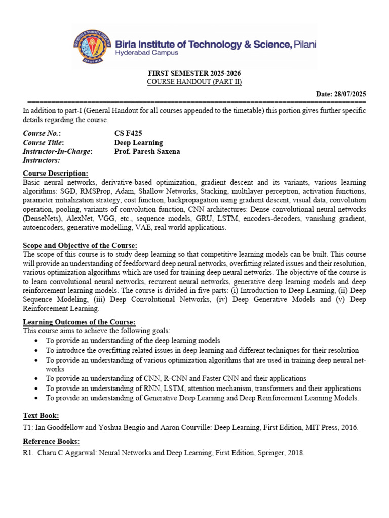 Cs f425 Deep Learning Handout | PDF | Deep Learning | Networks