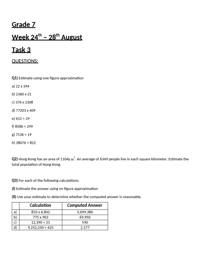 Task 3 Questions Grade 7 | PDF