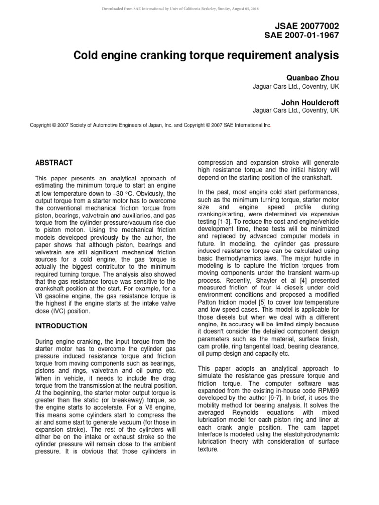Cold Engine Cranking Torque Requirement Analysis | PDF | Engines | Friction