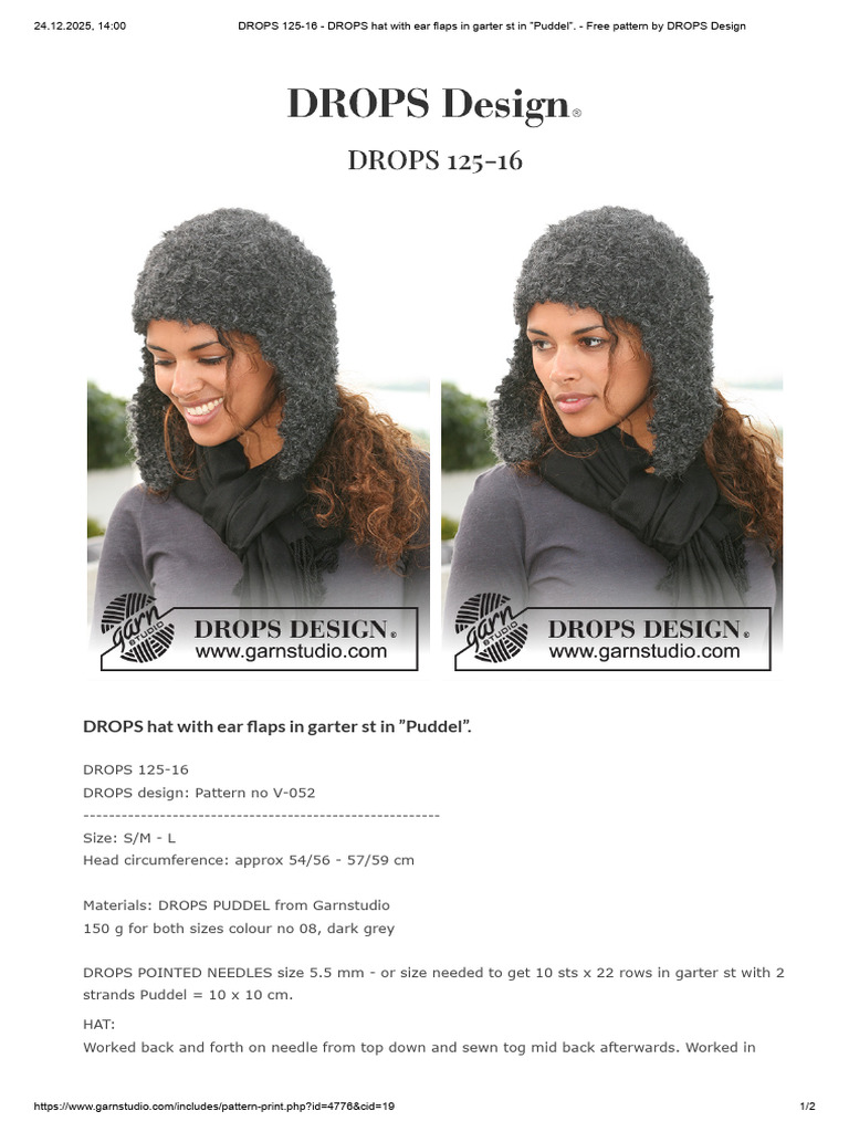 DROPS 125-16 - DROPS Hat With Ear Flaps in Garter St in ”Puddel ...