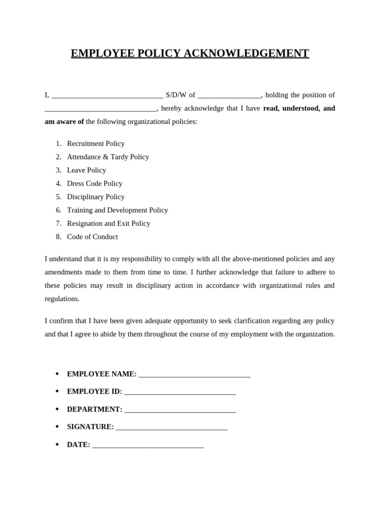 Employee Policy Acknowledgement | PDF | Employment | Chess Openings