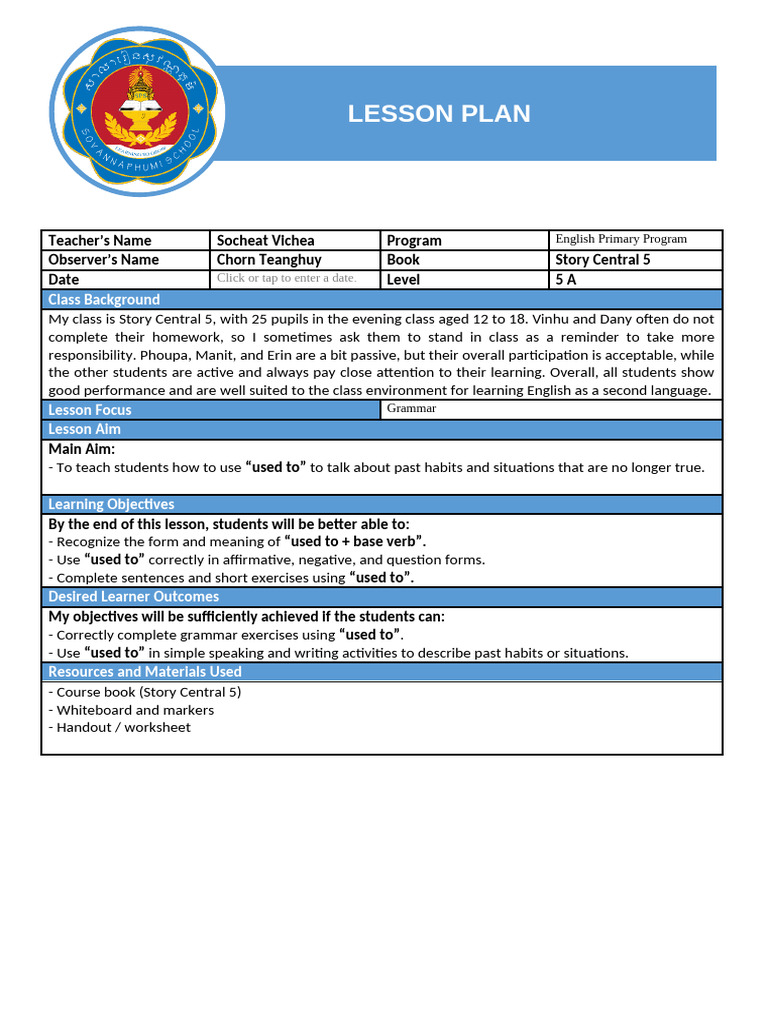 Lesson Plan - Sample (T. Vichea) | PDF | Lesson Plan | Learning