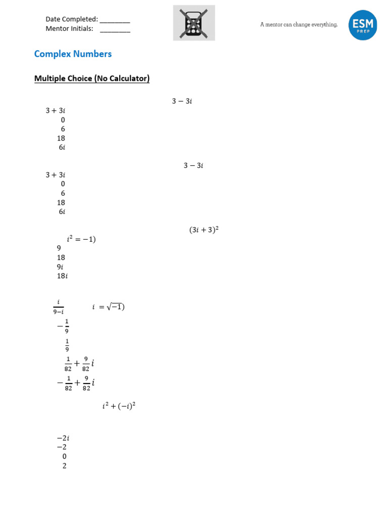 62cdde8a07dd975e334a6985_SAT QB - Math - Complex Numbers | PDF
