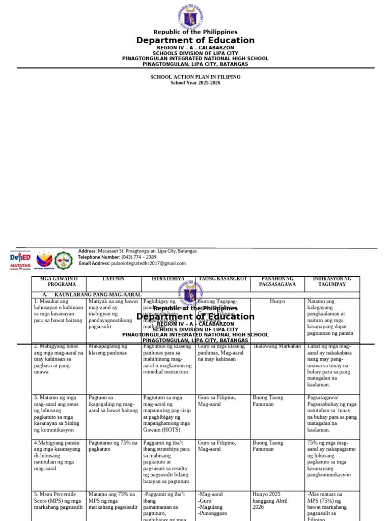FILIPINO ACTION PLAN 2025 - 2026 | PDF