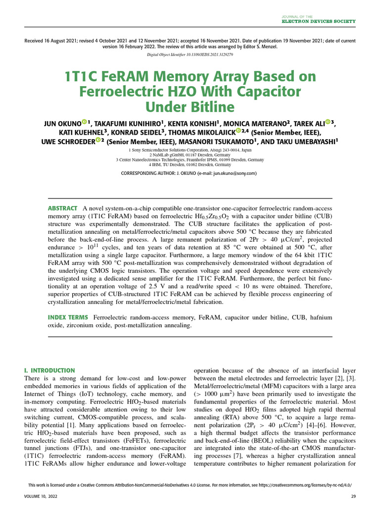 1T1C FeRAM Memory Array Based On Ferroelectric HZO With Capacitor Under ...