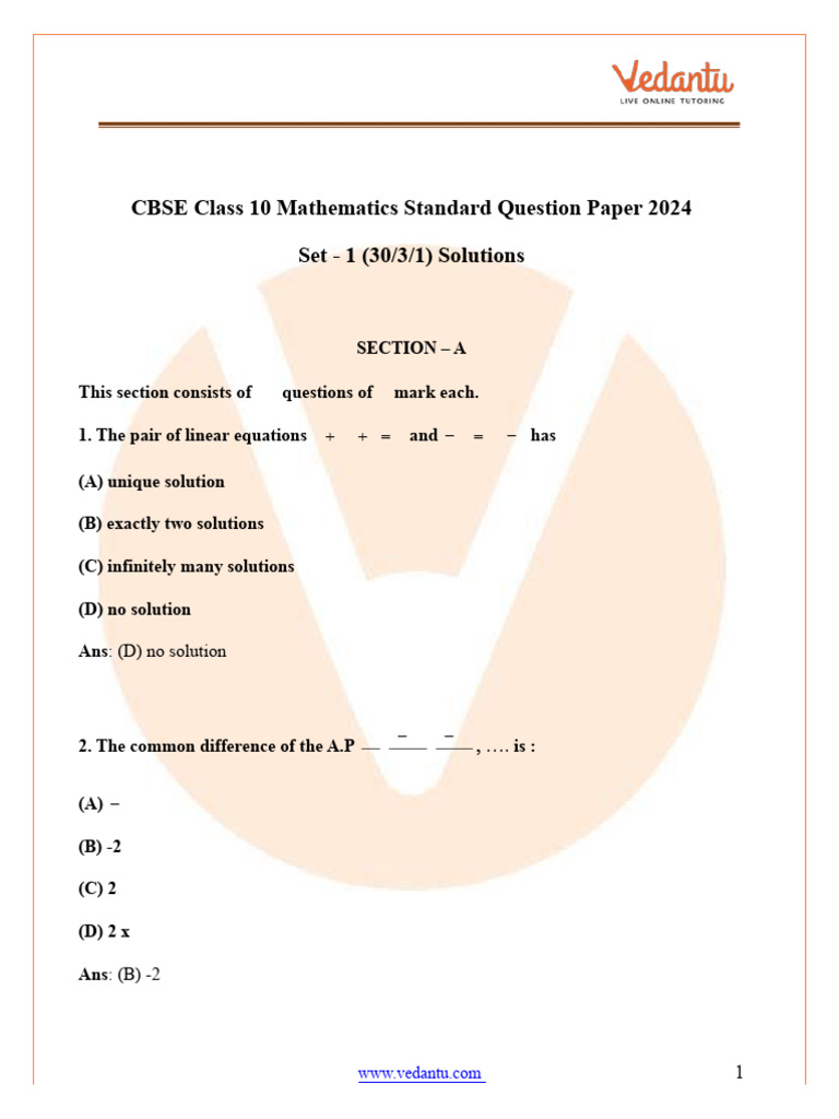 Cbse Class 10 Maths Question Paper Set 1 30 3-1-2024 | PDF | Sphere ...