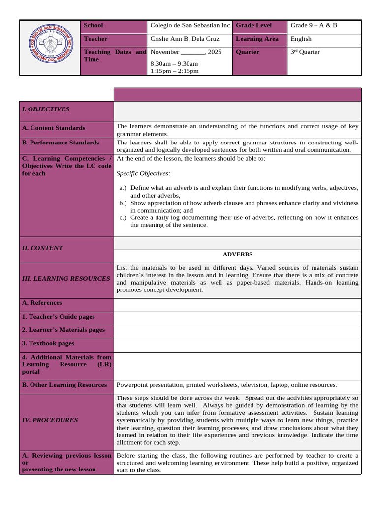 LESSON PLAN_ADVERBS-1 (1) | PDF | Adverb | Verb