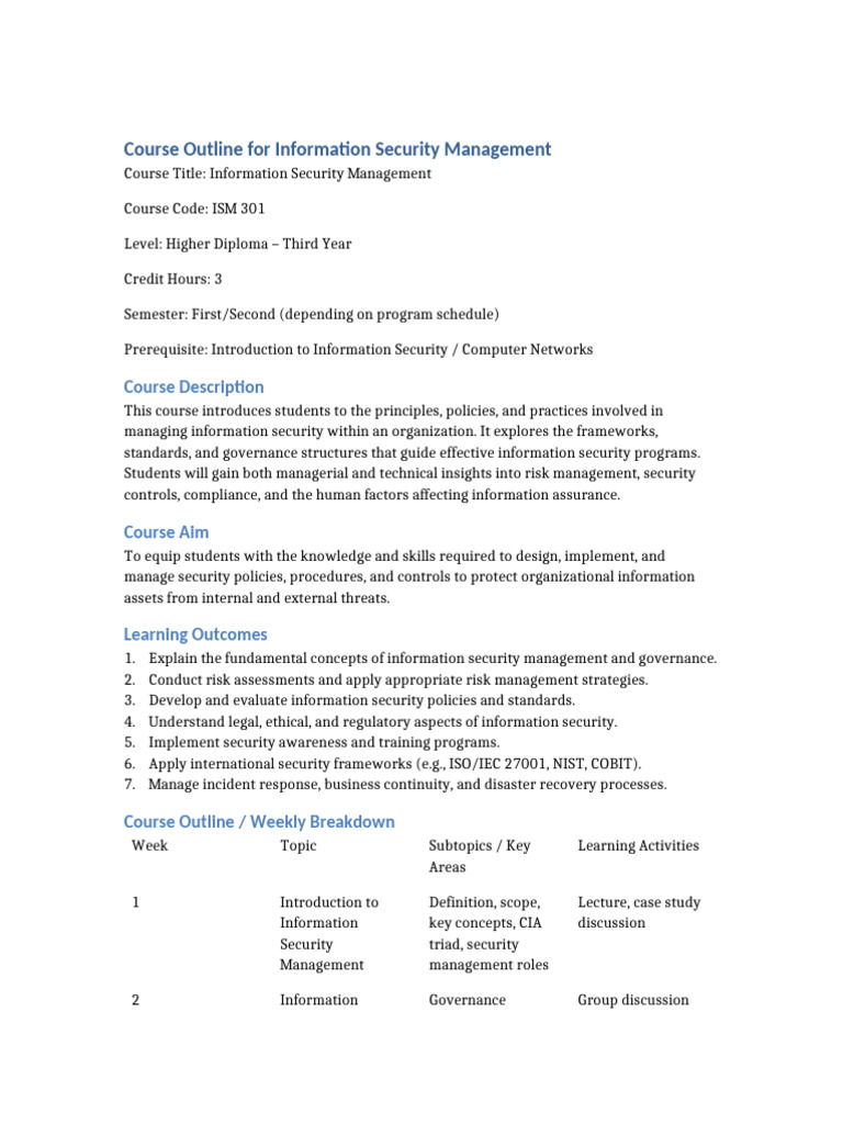 Information Security Management Course Outline-1 | PDF | Information ...