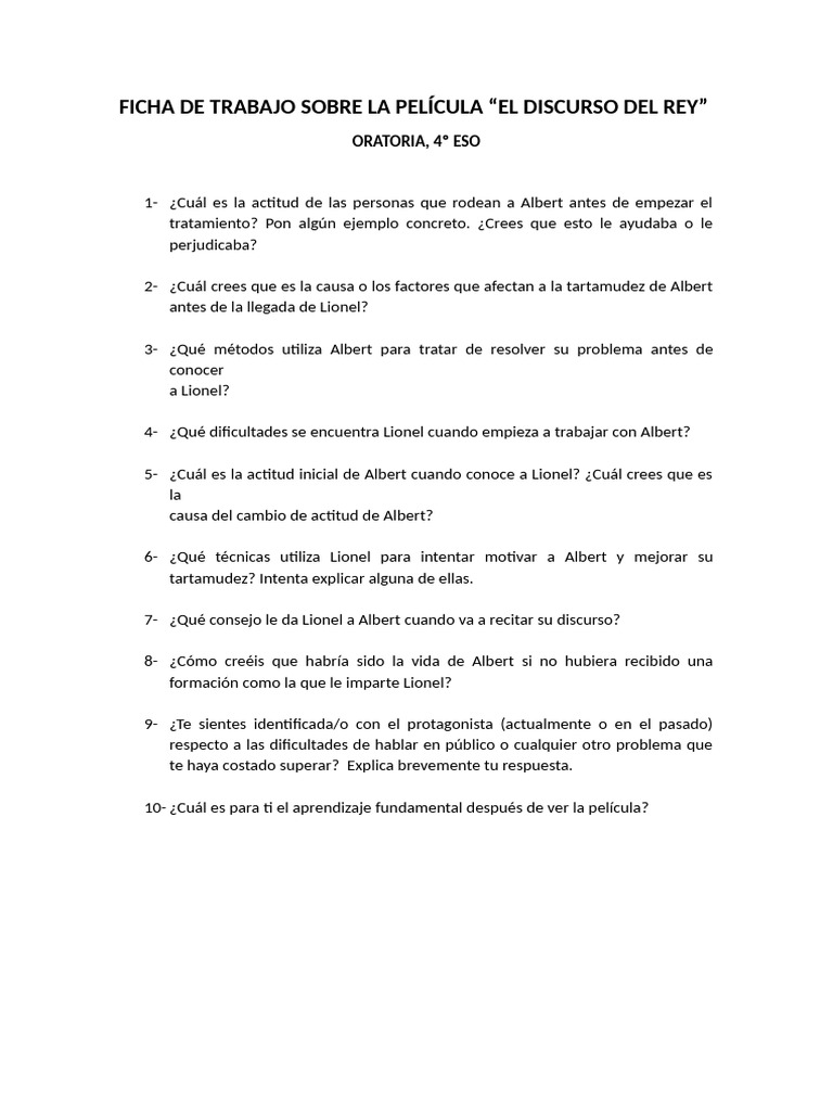 Ficha de Trabajo Sobre La Película El Discurso Del Rey | PDF