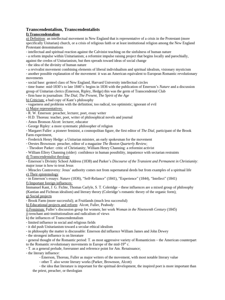 Transcendentalism Handout | PDF | Transcendentalism | Ralph Waldo Emerson