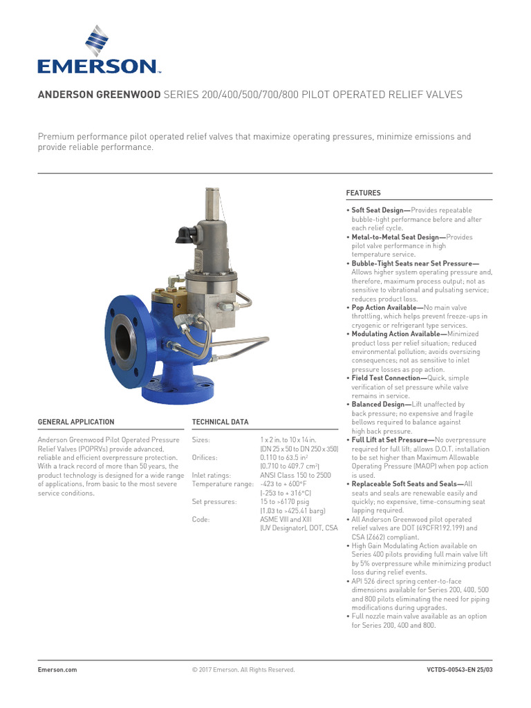 Data Sheets Series 200 400 500 700 800 Pilot Operated Relief Valves ...