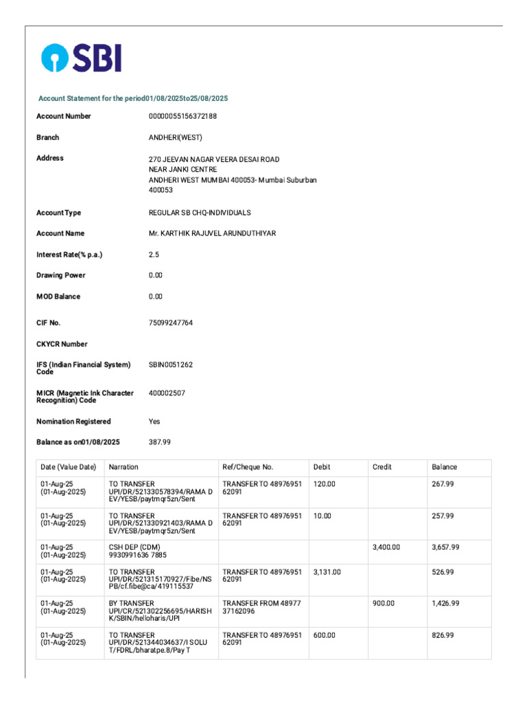 SBI Statement Aug-2025 | PDF | Financial Services | Encodings