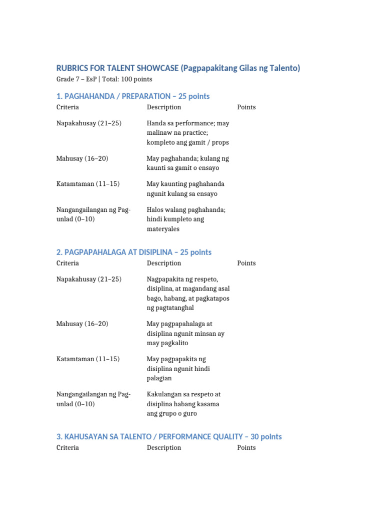 Talent Showcase Rubrics | PDF