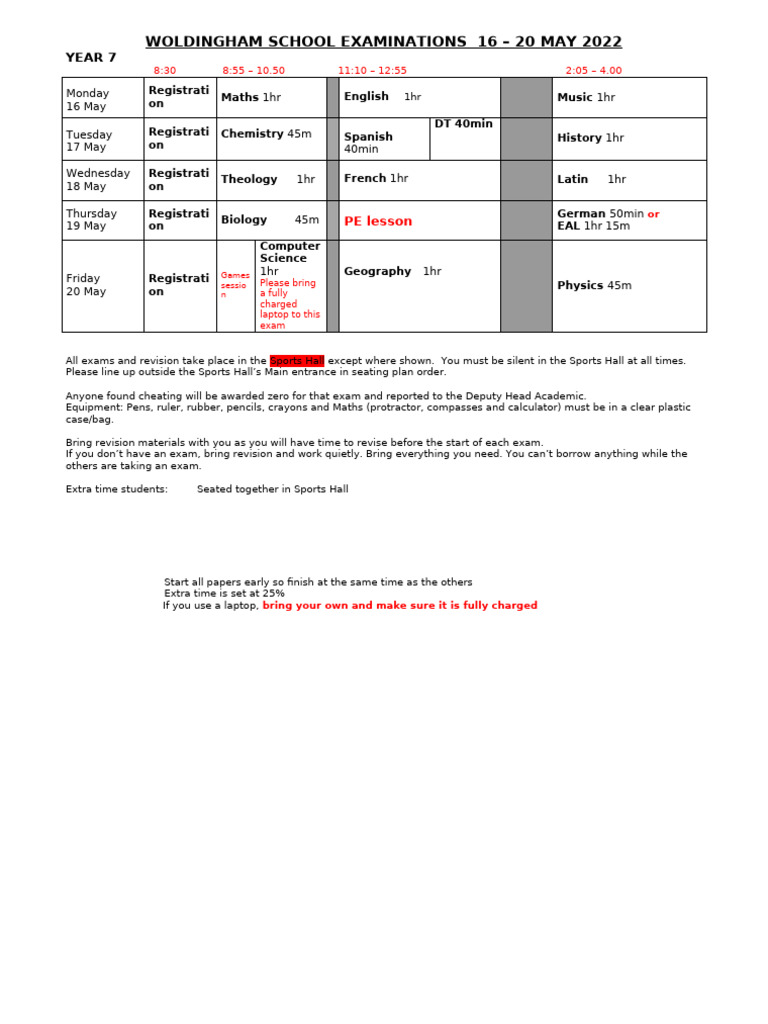 Year 7 Exam Timetable 2 | PDF