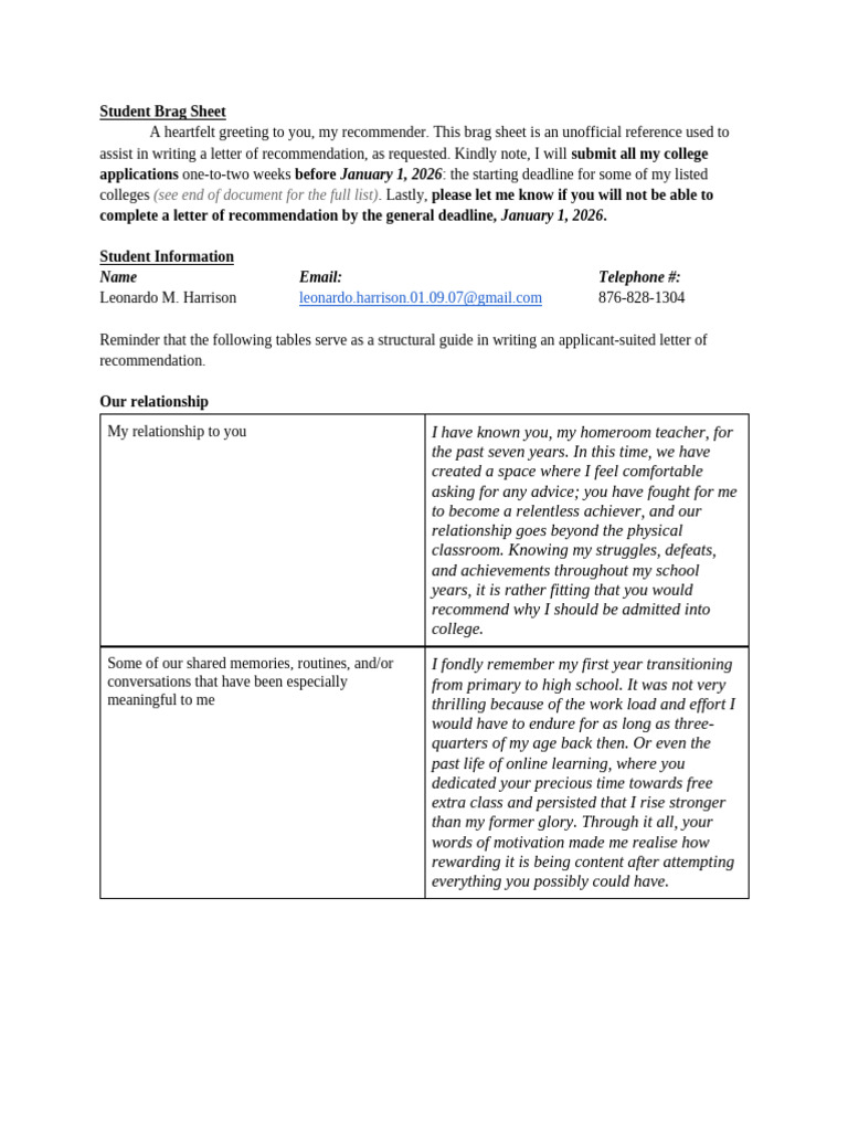 Brag Sheet Template | PDF | Behavior Modification | Cognition
