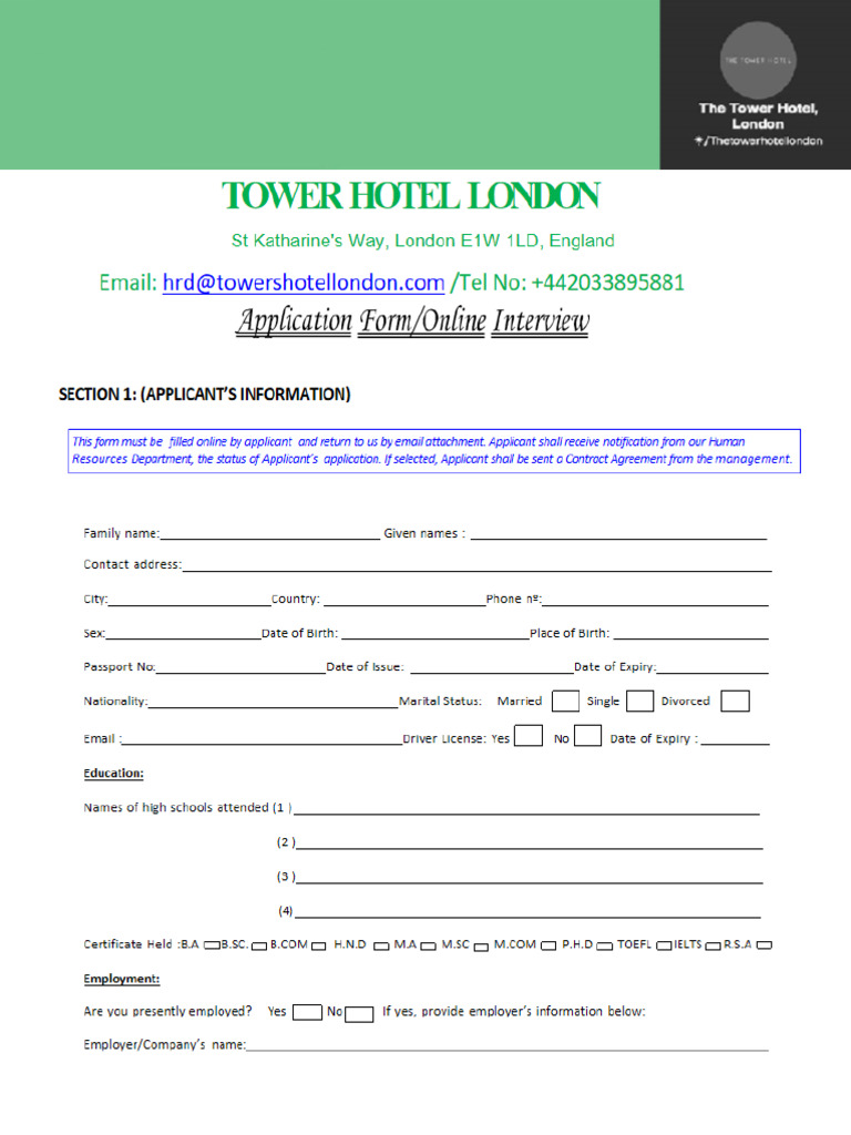 Tower Hotel London - Application and Interview Form (1) 1749810871 | PDF