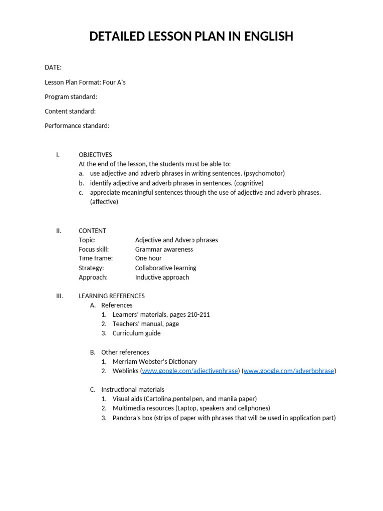 Detailed Lesson Plan in English | PDF | Adverb | Verb