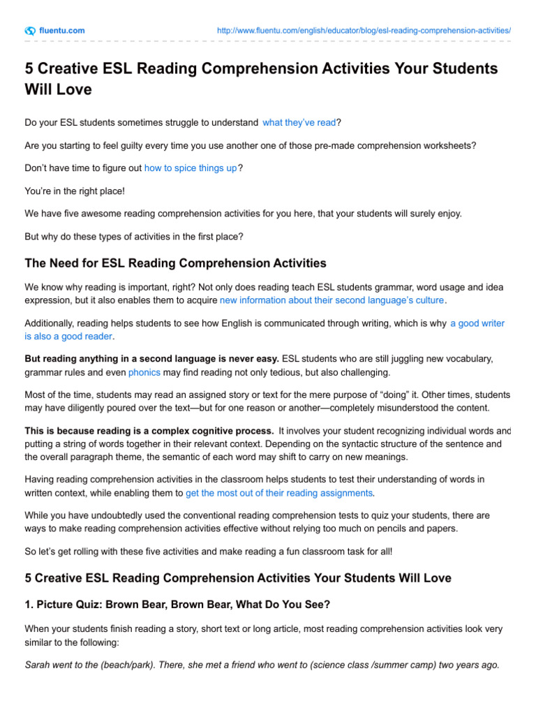 5 Creative Esl Reading Comprehension Activities Your Students Will Love ...
