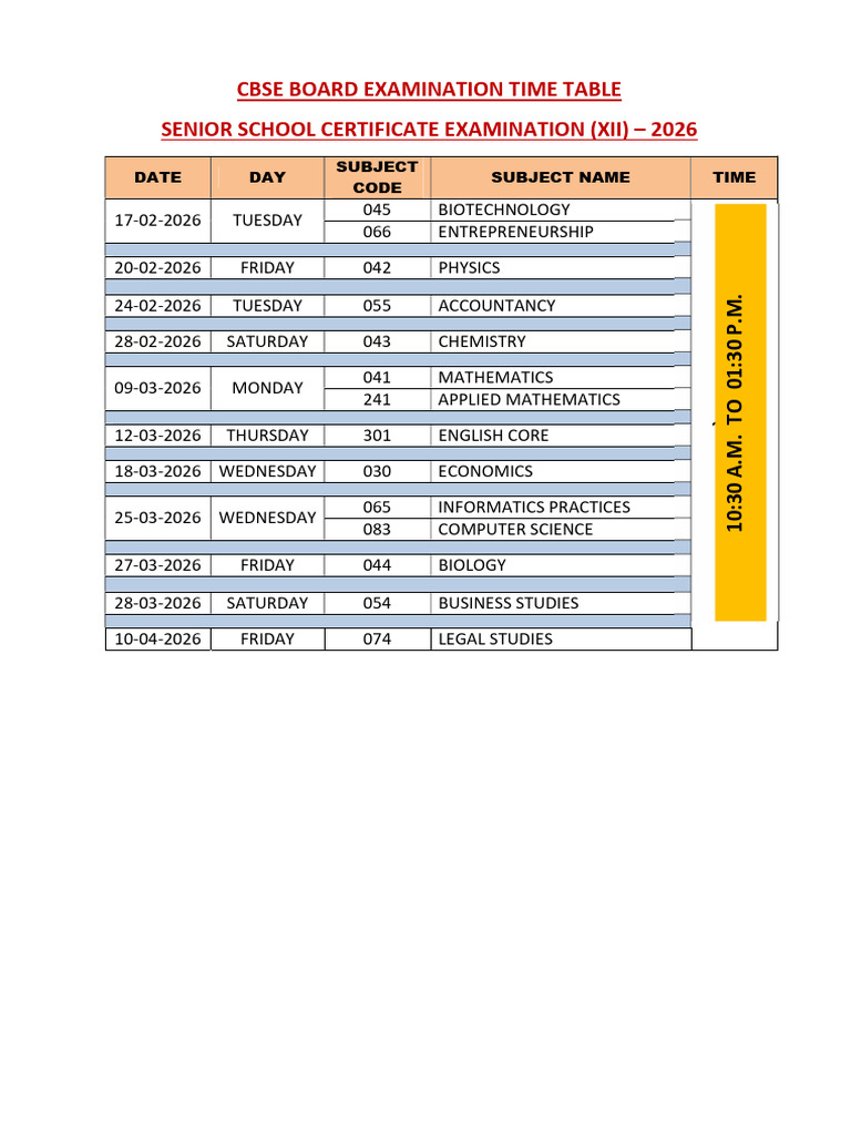 CBSE Board Examination 2026 Time Table - Class XII (SSCE) | PDF