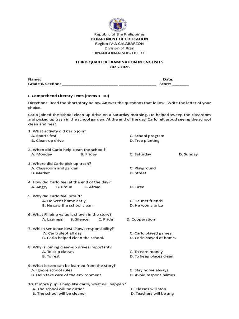 ENGLISH 5 Q3 PT | PDF