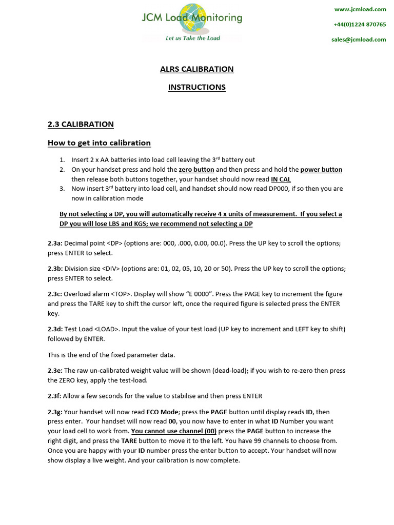 JCM Load ALRS Calibration Instructions | PDF