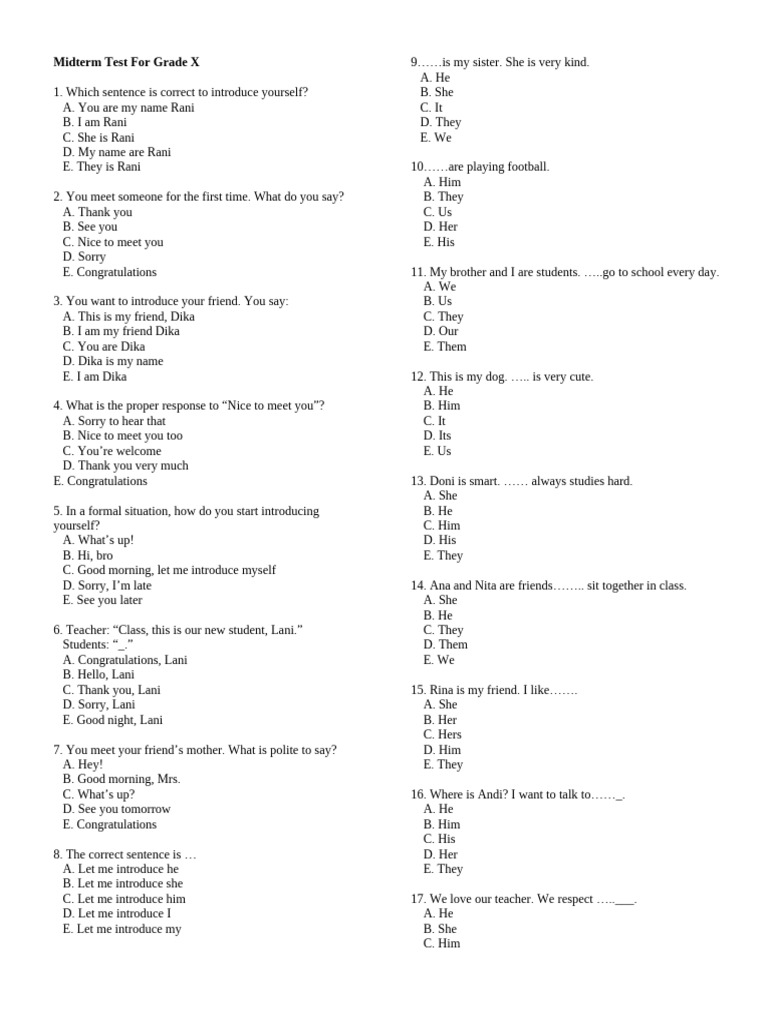 Midterm Test For Grade X | PDF