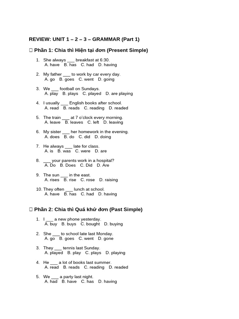 Review_ Unit 1 – 2 – 3 – Grammar (Part 1+ 2) | PDF