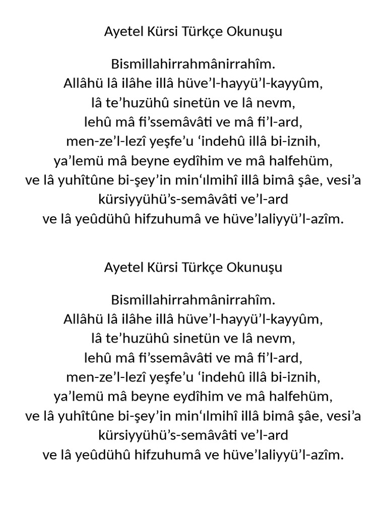 Ayetel Kürsi Türkçe Okunuşu | PDF