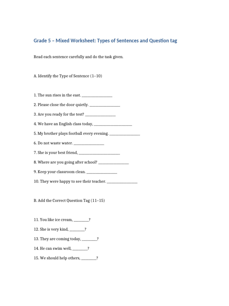 Grade 5 Types of Sentences Worksheet | PDF