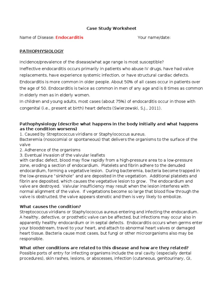 Case Study Worksheet Endocarditis | PDF | Intravenous Therapy | Heart