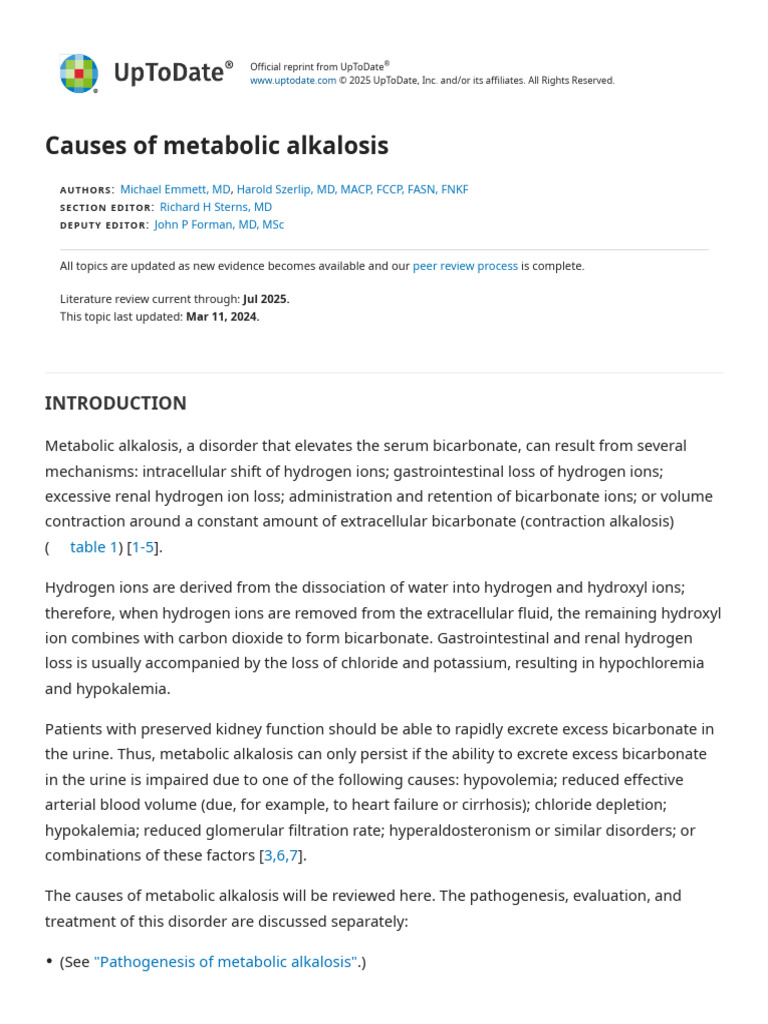 Causes of Metabolic Alkalosis UpToDate 2025 | PDF | Potassium | Chemistry