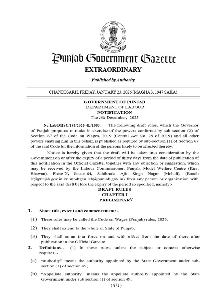 Notification-Draft Punjab Code On Wages Rules, 2026 | PDF