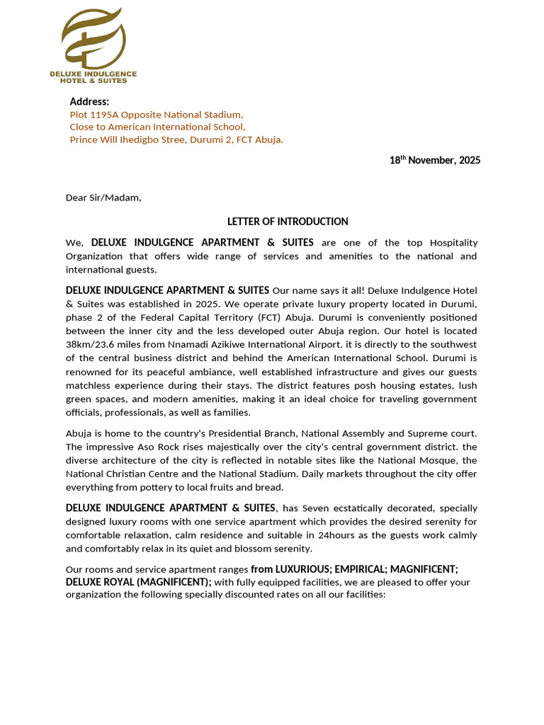 Deluxe Indulgence Hotel Introduction Letter | PDF