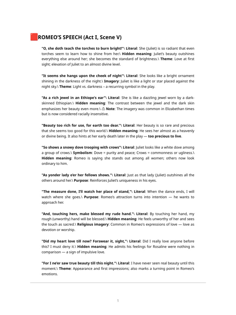 Romeo and Juliet's Speeches Analysis | PDF