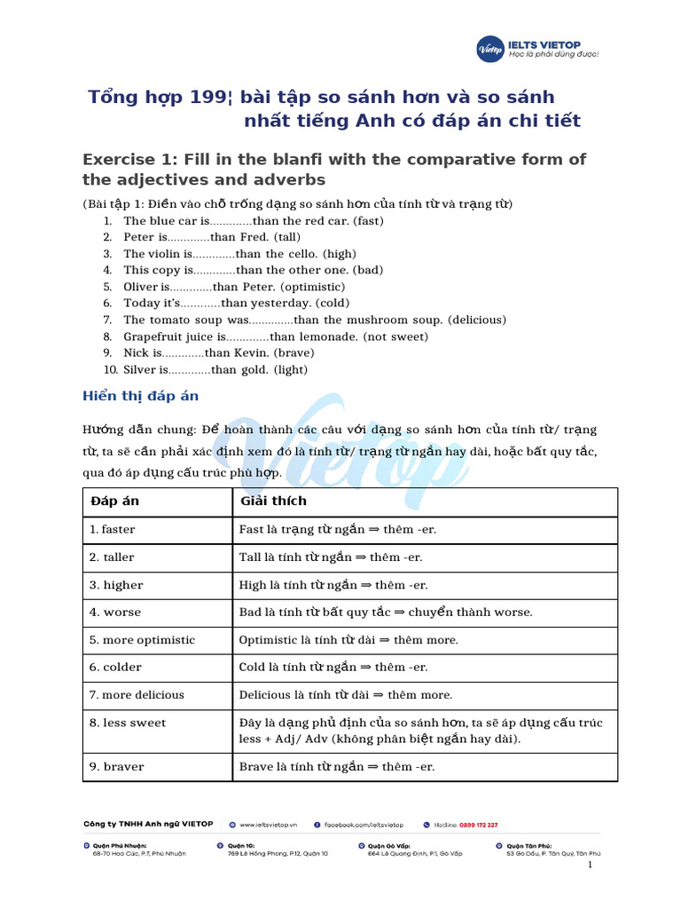(PDF) Bài Tập So Sánh Hơn - So Sánh Nhất | PDF