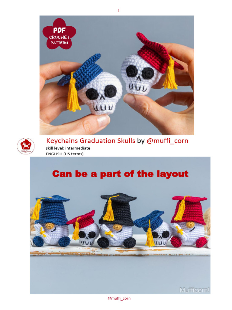 Muffi Corn Keychains Graduation Skulls | PDF | Crochet | Woven Fabrics