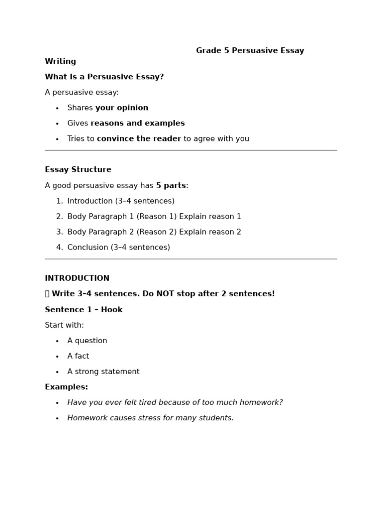 Grade 5 Persuasive Essay Writing | PDF | Essays | Homework