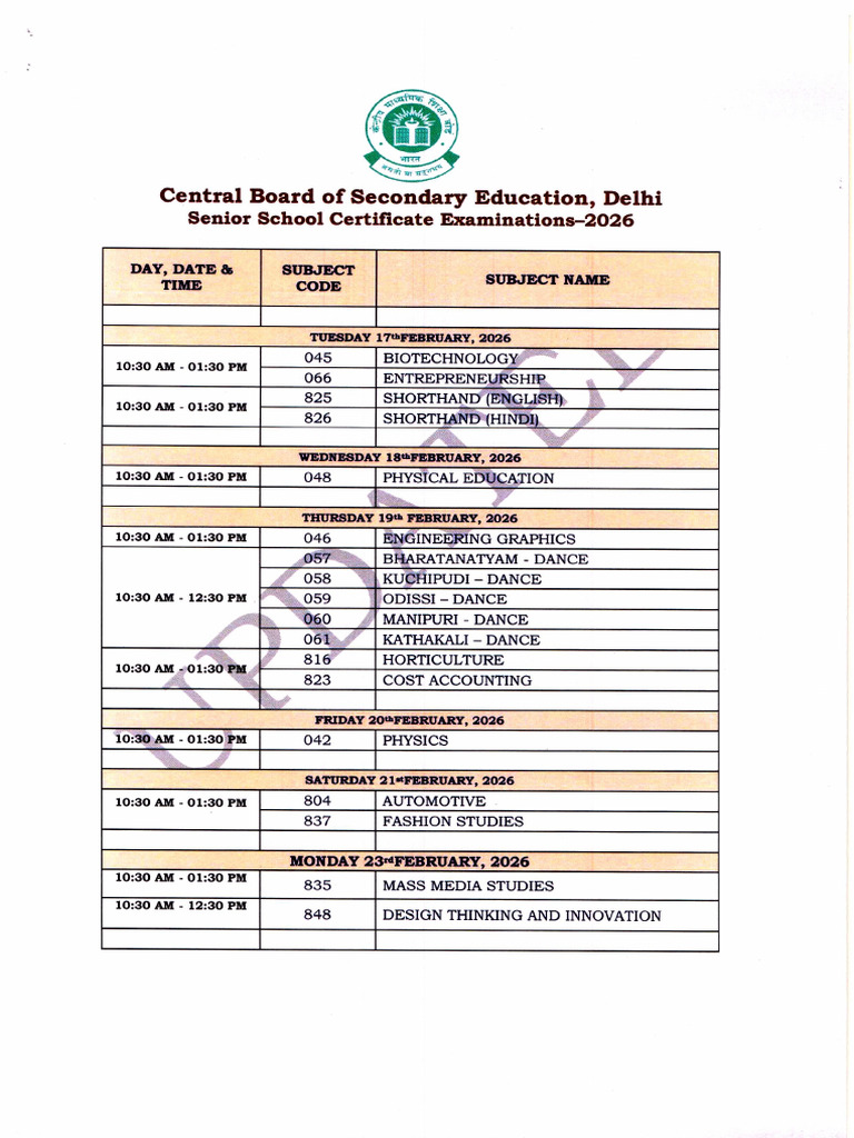 Updated Class XII Date Sheet 2026 | PDF