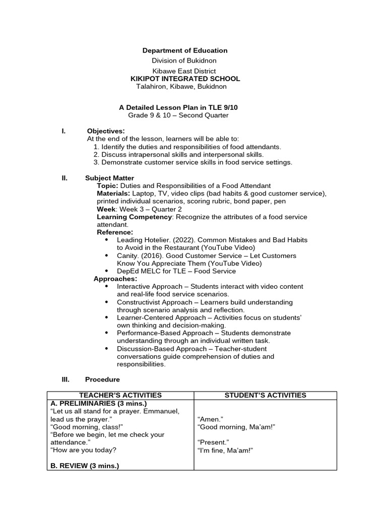LESSON PLAN FOR TLE 9 and 10 2ND QUARTER | PDF | Empathy | Communication
