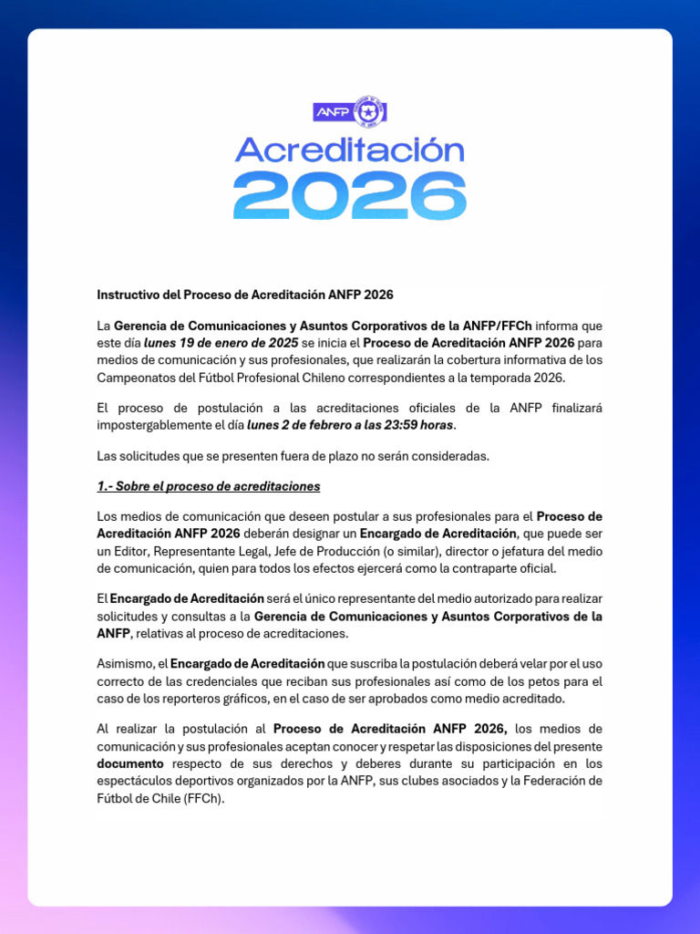 Instructivo de Acreditacion ANFP 2026 | PDF | Asociación de Futbol | Chile