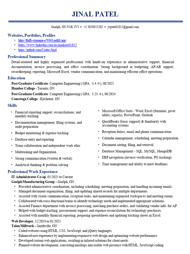 Jinal Patel Resume - Administrative Assistant | PDF | Web Development ...