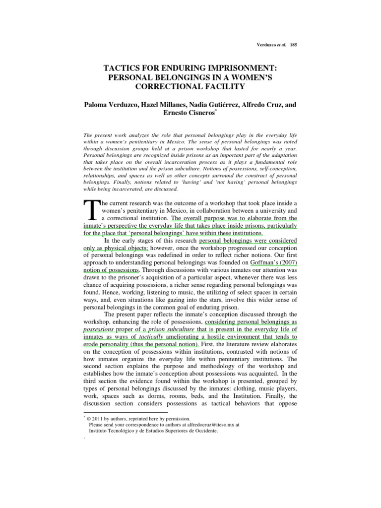Tactics For Enduring Imprisonment Personal Belongings in A Women's ...