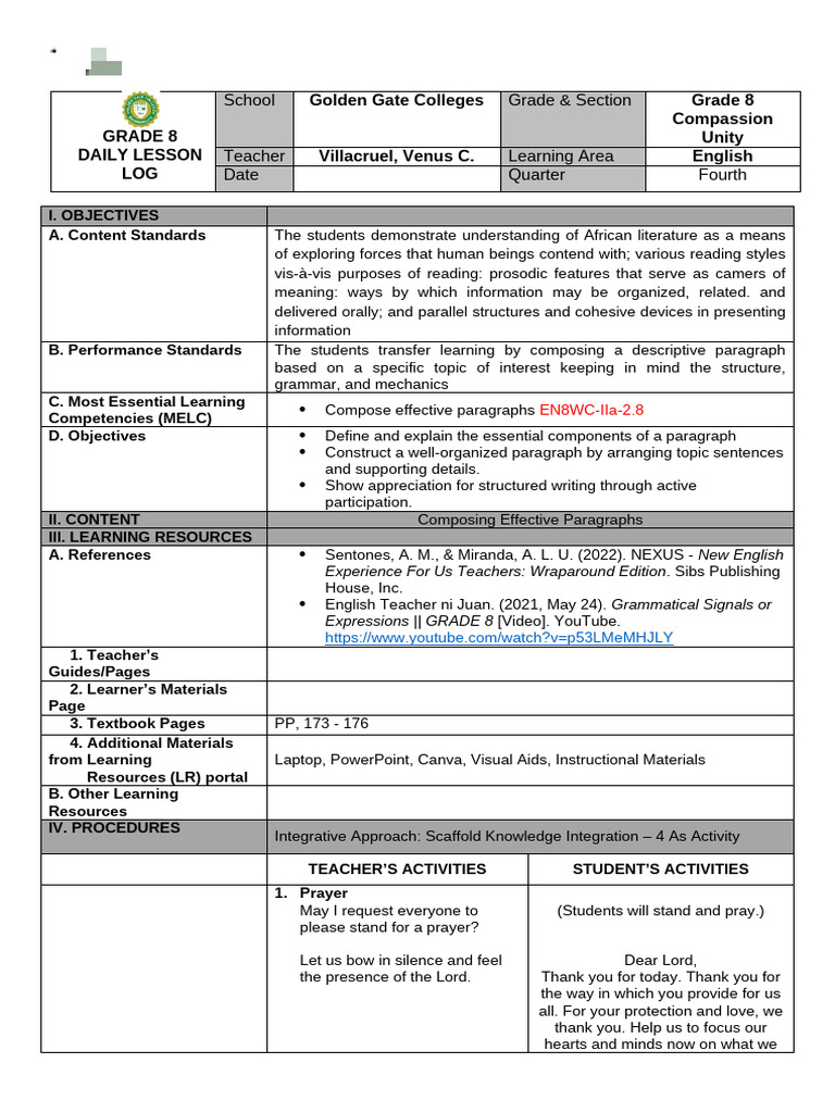 ENG 8 - Lesson 3 - Composing Effective Paragraphs (FINAL) | PDF ...