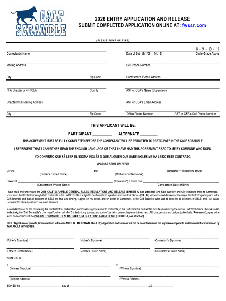 2026 Calf Scramble Entry Application and Release - General Rules ...